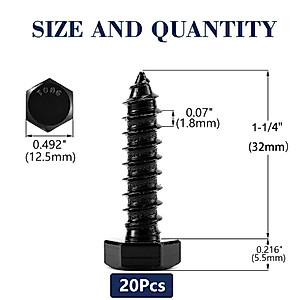 5/16" x 1-1/4" Hex Head Lag Screws Bolts 20Pcs 304 Stainless Steel 18-8, Partial Thread, Hexagon Head Wood Screws by Black Oxide by SG TZH