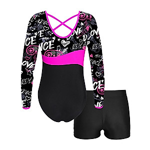 Jhaoyu Kids Girls Ballet Dance Gymnastics Leotards Long Sleeve Printed Bodysuit Unitard with Biketards Shorts Tracksuit Rock Rose 8 Years