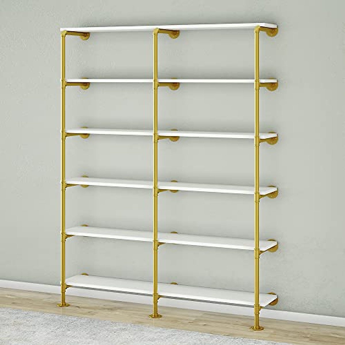 MAIKAILUN 6-Tier 60 inch Industrial Pipe Shelving, Gold Bookshelf, White and Gold Shelves, Modern Bookcase Metal Mid Century Open Wall Mount Decor Retail Shelving for Living Room(59.1x9.8x84.6)