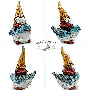 Garden Gnomes Outdoor Decorations - 7.25 inches Tall - Gnome Statues for Yard, Lawn, Patio, Porch Decor - Hand Painted, Weatherproof Gnome Figurine (Blue Bird Rider Gnome) HAZEL & BIRCH