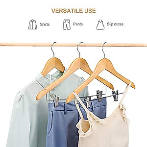 HOUSE DAY 12 Pack High-Grade Wooden Suit Hangers Skirt Hangers with Clips Solid Wood Pants Hangers Natural Smooth Finish Premium Wood Hangers with Durable Metal Clips for Blouse, Dress, Coat, Jacket