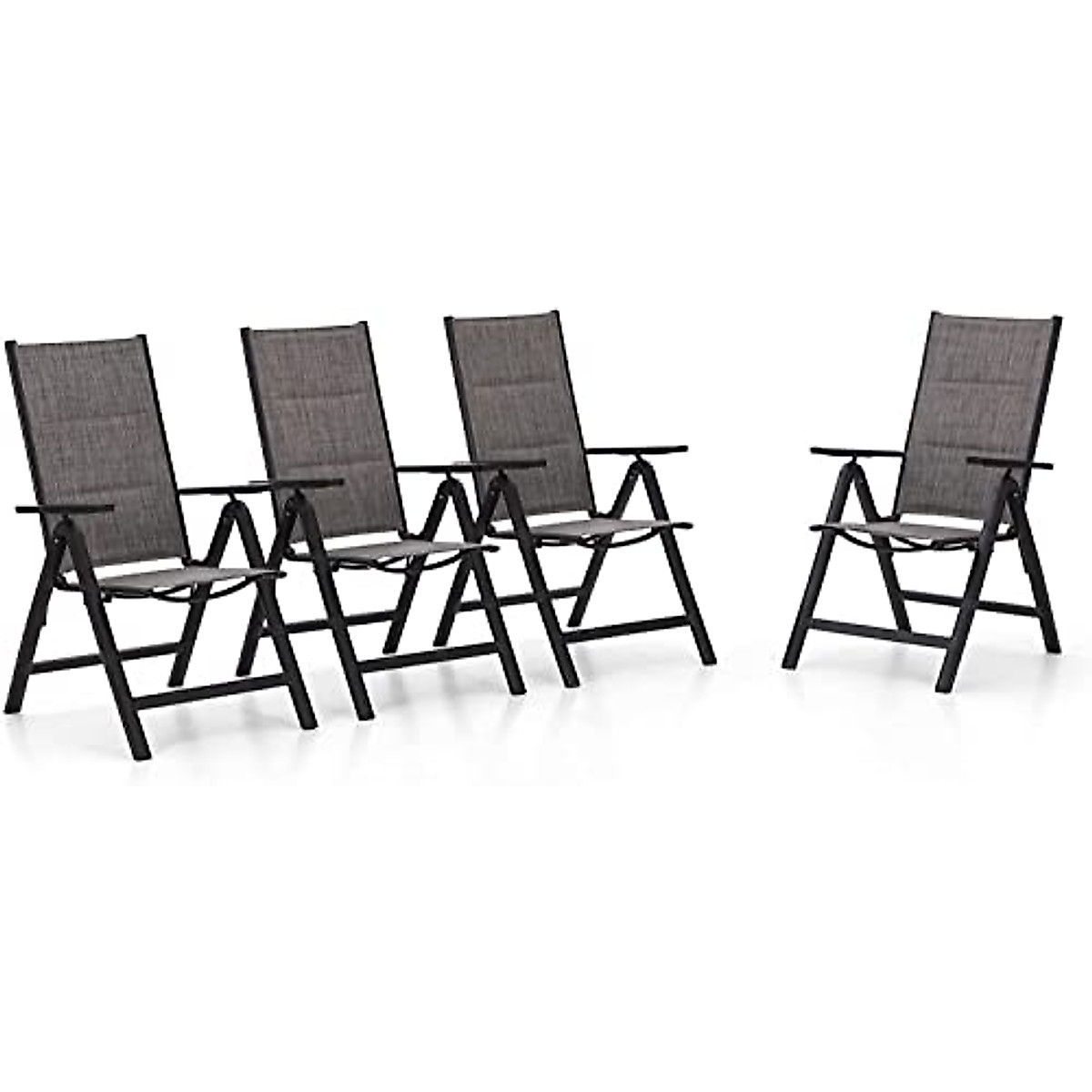 PHI VILLA Outdoor Folding Patio Dining Chairs Set of 4, Adjustable Padded Portable Reclining Patio Chairs Aluminum for Garden,Yard and Deck, Dark Grey