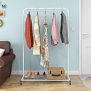 Simple Trending Standard Rod Clothing Garment Rack, Clothing Rolling Rack With Mesh Storage Shelf On Wheels (White)