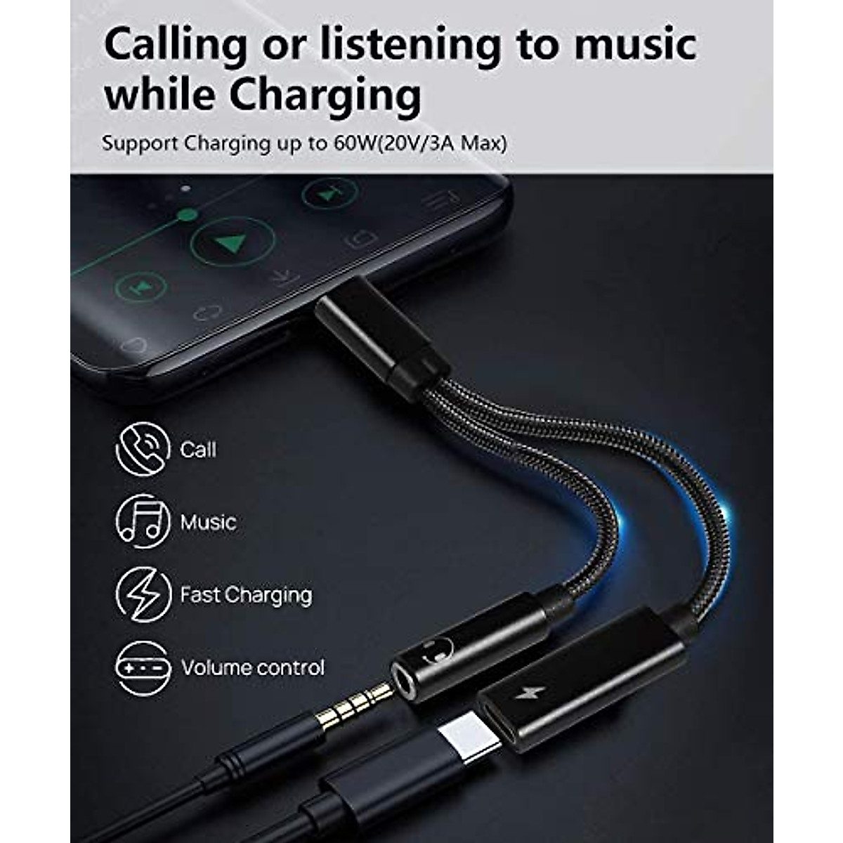 USB C to 3.5mm Headphone and Charger Adapter, 2 IN 1 Type C to Hi-Res DAC Aux Audio Jack PD 60W Fast Charge Dongle Fit with Galaxy S23 S22 S21 Ultra Note 20, Pixel 7 6 5XL 4, iPad/MacBook Pro/Air