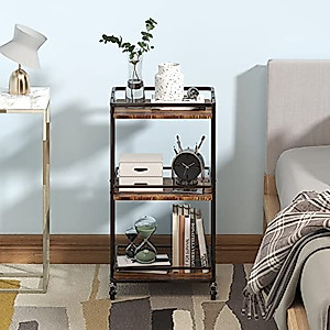 OKZEST 3 Tier Bar Cart for Home, Rolling Mini Liquor Bar for Wine Beverage Dinner Party, Utility Kitchen Storage Island Serving Cart on Wheels, Coffee Bar Cabinet for Kitchen Dining Living Room, Brown