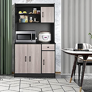 COSTWAY Freestanding Buffet with Hutch, Kitchen Pantry Storage Cabinet with 5-Position Adjustable Shelves, Kitchen Buffet Cabinet with Open Shelves, Doors and Drawer for Home (Black)