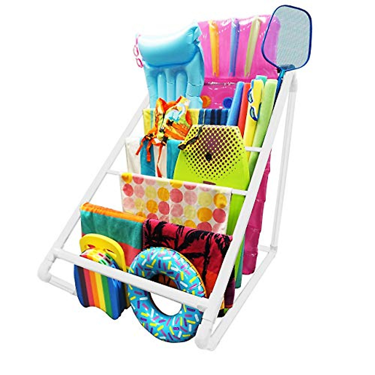 7 Bar Outdoor Pool Towel Rack - Pool Float Storage and Drying Rack, Free Standing Pool Organizer (White)
