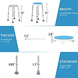 KSITEX Shower Stool for Inside Shower Swivel Shower Chairs for Seniors Adjustable Round Shower Seat Bath Seat Tool-Free Assembly 5 Adjustable Heights from 19''-21'' Load 350LB