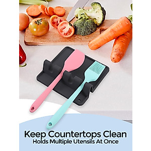 Silicone Spoon Rest with Drip Pad for Stove Top(2PCS), Large Utensil Rest for Multiple Utensils, Heat-Resistant & Dishwasher Safe Kitchen Utensil Holder for Spatula, Ladle, Kitchen Gadgets (Black)