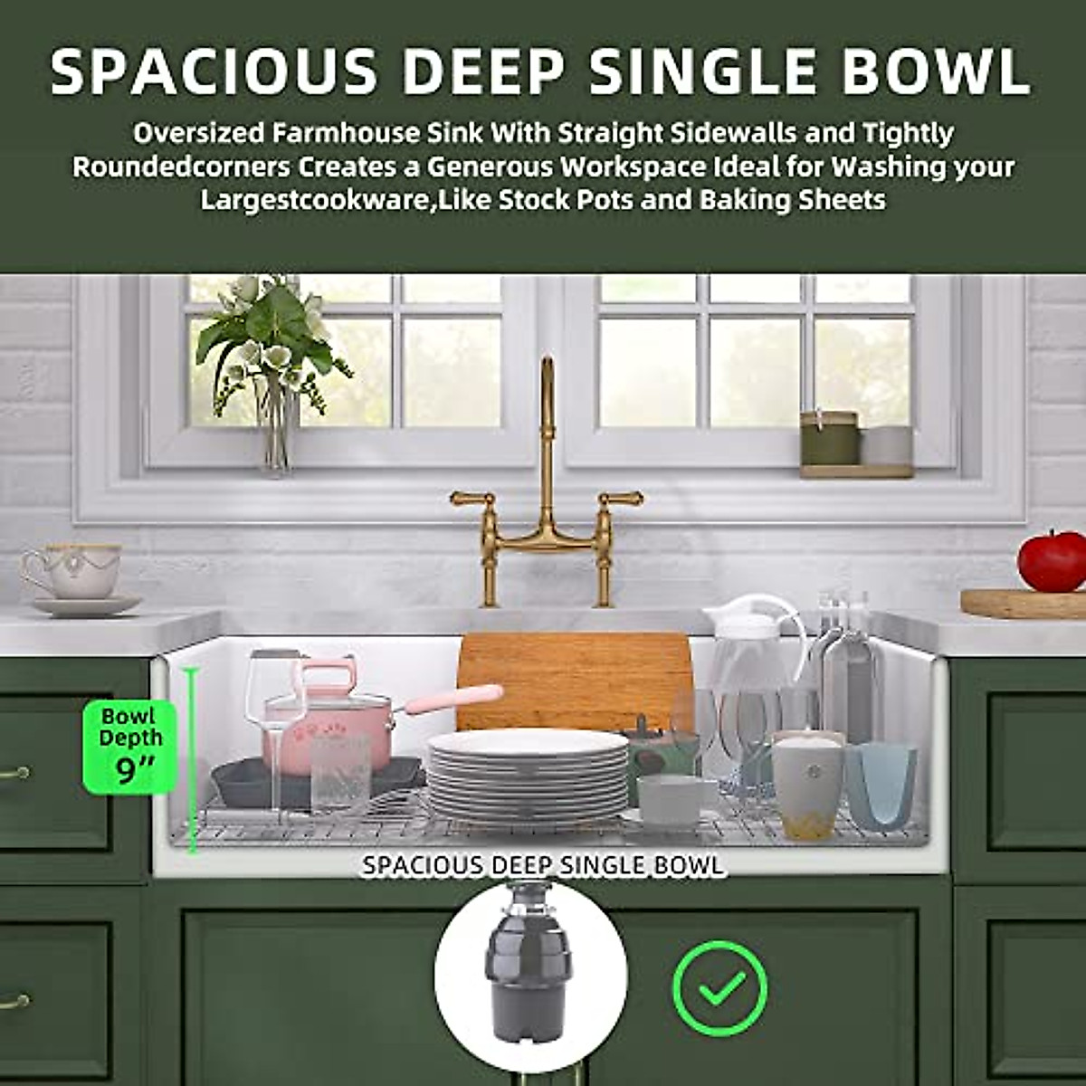 TUKTUK White Farmhouse Sink 36 Inch Fireclay Apron Front Single Bowl Kitchen Sinks Deep Drop In Farm Sink Undermount Luxury Bottom Grid & Strainer Drain Included