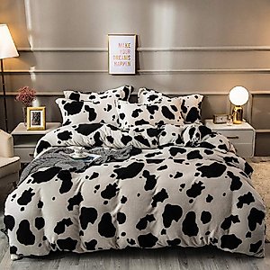 Fan Duvet Cover Set King Black and White Cow Patterned Flannel Velvet Warm Fluffly Bedding Sets with Zipper Closure Winter Quilt Comforter Cover and 2 Pillow Shams