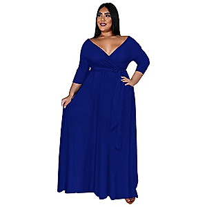 Nmoder Plus Size Dresses for Women Fall 3/4 Sleeve Wrap V-Neck Flowy Maxi Dress Royal Blue XL