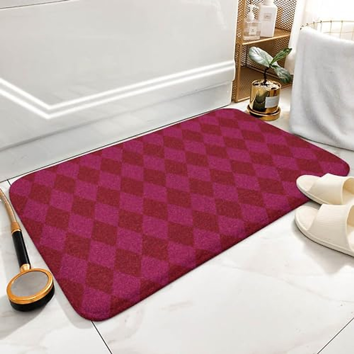Pink & Red Diamond Glitter Bathroom Rugs, Non Slip & Absorbent Bath Mat Carpets for Bathroom, Entryway or Sink 20" x 32"