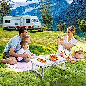 Moosinily 2 Feet Outdoor Folding Table Aluminum Lightweight Small Picnic Table Ajustable Height Portable Table with Carry Handle for Beach, Picnic, Indoor, White