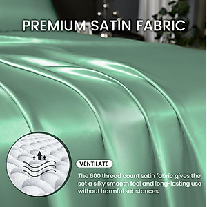 Revdomfly 4 Pcs Full Size Luxury Silky Soft Grass Green Satin Sheet Set,1 Premium Moisture Wicking Fitted Sheet Fits Up to 16 Inches Deep Pocket + 1 Flat Sheet + 2 Pillowcases（Grass Geen, Full）