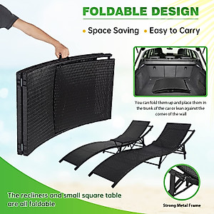 PayLessHere Patio Chaise Lounge Set of 3 Adjustable Back Outdoor Lounge Chair Folding Wicker Recliner Chair 2 Pieces Outside Chairs with Folding Table and Khaki Cushioned for Poolside Deck Lawn Beach