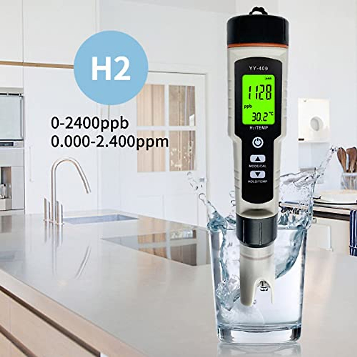 H2 Water Hydrogen Analyzer, Insert Probe H2 Meter Hydrogen Tester IP67 Waterproof Digital Portable High Accuracy with Backlit for Laboratory