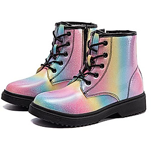 HIKLDK Girls Boots Glitter Combat Boot Winter Waterproof Side Zipper Lace-up Walking Shoes for Toddlers Little Kid szie
