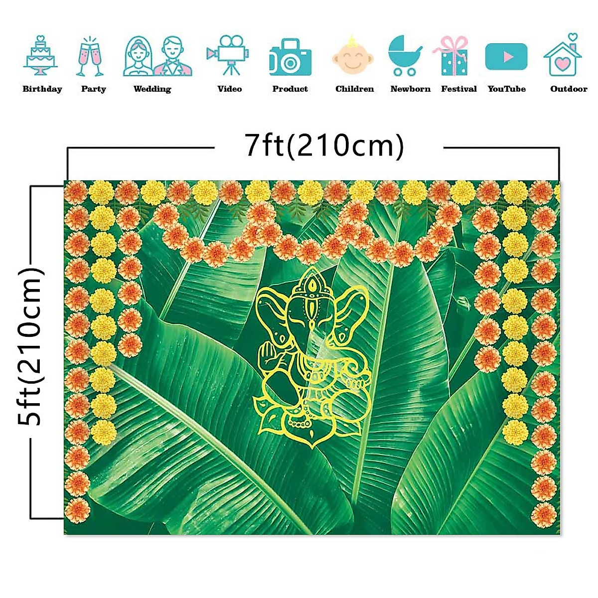 MAQTT Indian Festival Ganesh Chaturthi Backdrop for Festival Party Decoration Green Tropical Palm Leaf Photography Backdrop Indian Culture Religious Event Decor 7x5ft