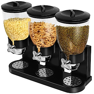 Hedday Triple Canister Cereal Dispenser, Plastic Dry Food Cereal Dispenser Container Machine Storage Bottles for Home and Kitchen(Black)
