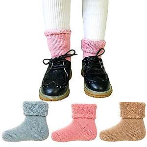 Baby Toddler Thick Wool Socks - Super Warm Soft Winter Solid Color Casual Crew Socks For Baby Girls Boys(Pack of 3)
