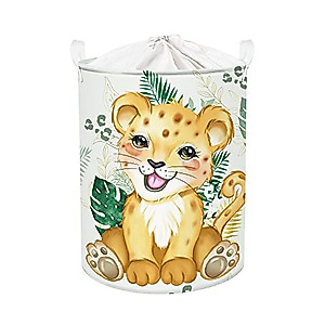 Clastyle Woodland Animal Leopard Nursery Hamper Green Tropical Palm Leaves Laundry Basket Round Toy Clothes Storage Basket for Kid Bedroom