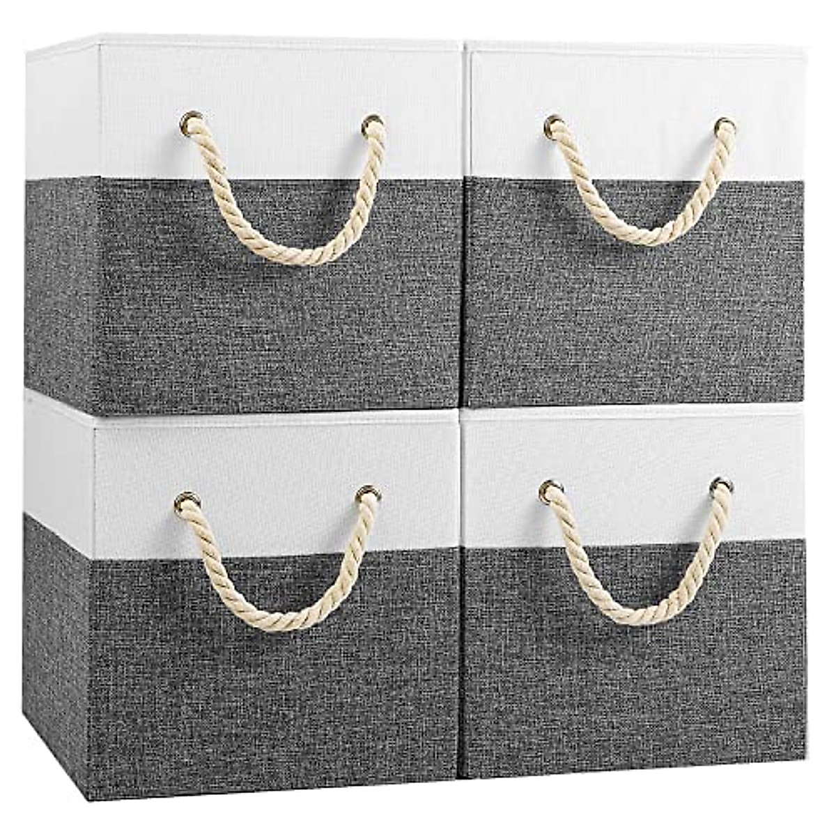 Yawinhe Collapsible Storage Basket 4-Pack, Open Storage Cube Bins with Thick Rope Handles, for Organizing, Shelves, Toys, Clothes, Office, 12.6x12.6x12.6in, White/Grey, SNK033WG-4
