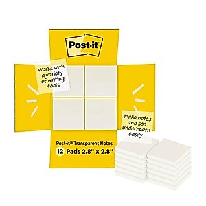 Post-it Transparent Sticky Notes, 3x3 in, 12 Pads/Pack, 36 Sheets/Pad, Sticks Securely and Removes Cleanly