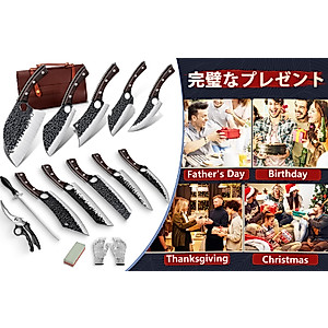 DRGSKL Serbian Chef Knife Set, Hand Forged Butcher Knife Set with Knife Bag, High Carbon Steel Kitchen Knife Set Meat Cleaver Boning Knife Viking Knife for Brisket Trimming, Gift for Dad