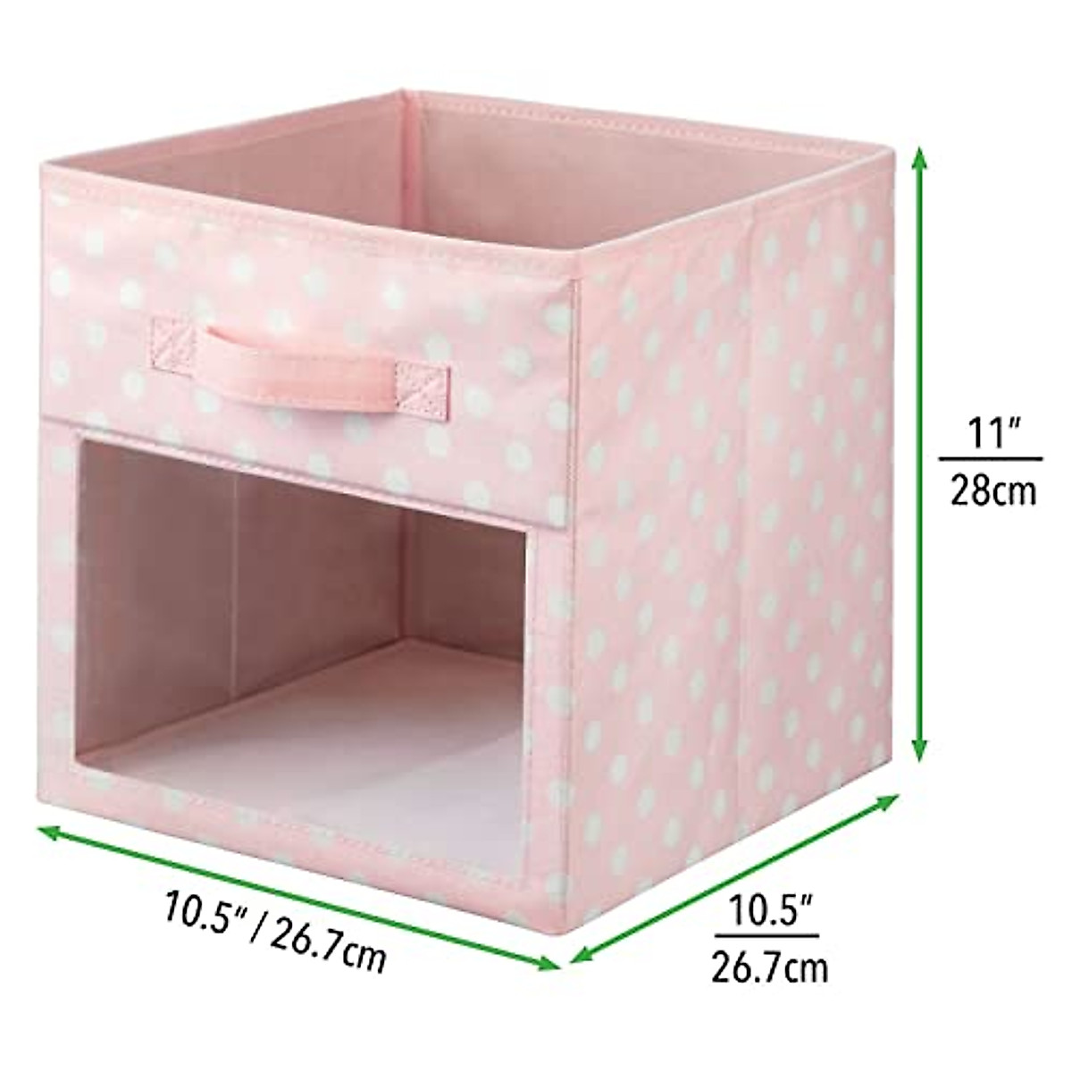 mDesign Fabric Nursery/Playroom Closet Storage Organizer Bin Box, Front Handle/Window for Cube Furniture Shelving Unit, Hold Toys, Clothes, Diapers, Bibs, 4 Pack, Pink/White Polka Dot