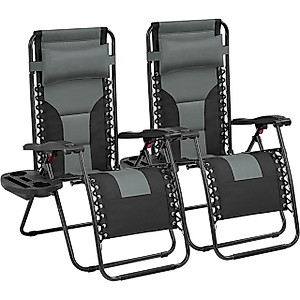 Yaheetech Padded Zero Gravity Recliner, Foldable Outdoor Patio Chairs, Adjustable Anti Gravity Lounger for Backyard Camping w/Carry Strap, Cup Holder, Pillow Gray/Black Set of 2