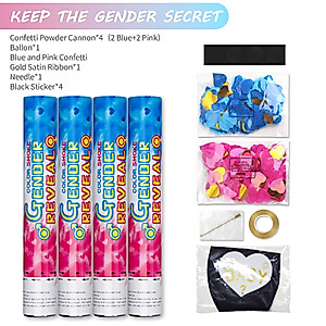 Gender Reveal Powder Confetti Cannon and Confetti Balloon-100% Safe Biodegradable Boy or Girl Confetti Smoke Cannons- Baby Shower Poppers Party Ideas and Supplies (2 Pink, 2 Blue and 36'' Balloon)