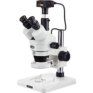 AmScope SM-1TSZ-144S-5M Digital Professional Trinocular Stereo Zoom Microscope, WH10x Eyepieces, 3.5X-90X Magnification, 0.7X-4.5X Zoom Objective, 144-Bulb LED Ring Light, Pillar Stand, 110V-240V, Includes 0.5X and 2.0X Barlow Lenses and 5MP Camera with R