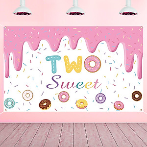 Crenics Two Sweet Birthday Party Decorations, Two Sweet Donut Birthday Backdrop Banner, Donut Theme Birthday Party Supplies for 2nd Birthday Decorations Girls, 5.9 x 3.6 Ft