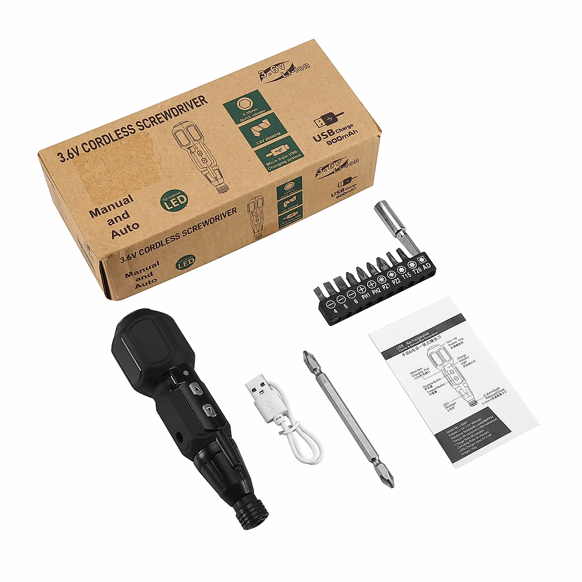 LOFICOPER Cordless Electric Screwdriver, Rechargeable Mini Electric Screwdriver Set, Power Repair Tool Kit with 10 Bits, LED Lights, Charging Cable, for Phones, PC, Glasses, Black