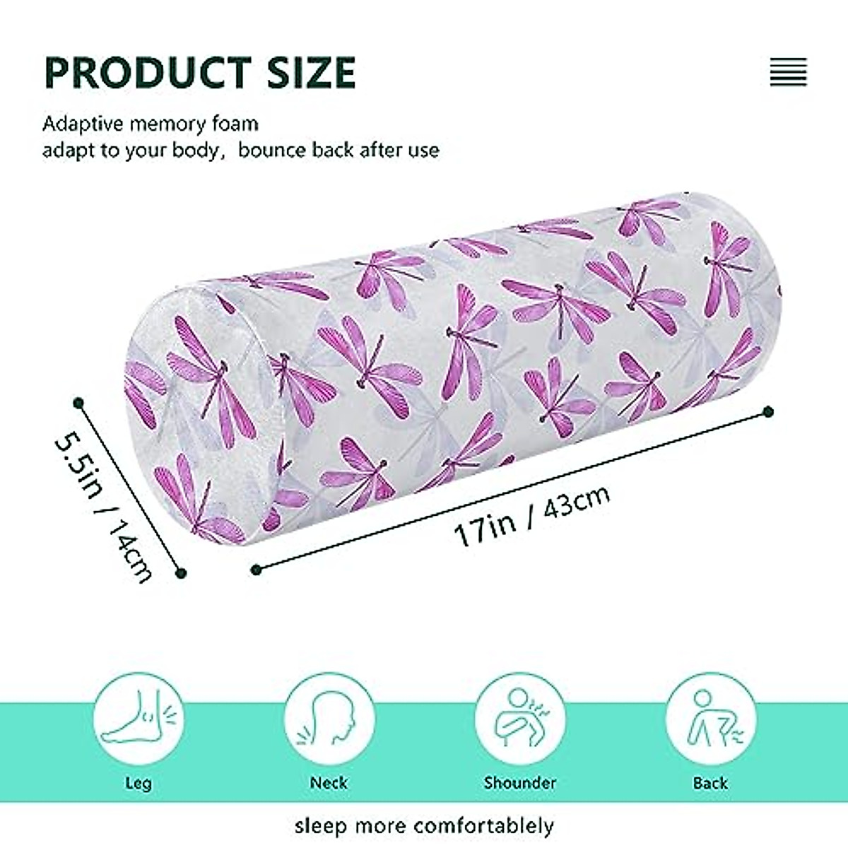 Vnurnrn Purple Red Dragonfly Neck Support Pillow Round Neck Roll Bolster Cylinder Pillow Cervical Pillows Round Neck Pillow for Leg Knee Back Head Support for Work Women Men Traveling Headrest