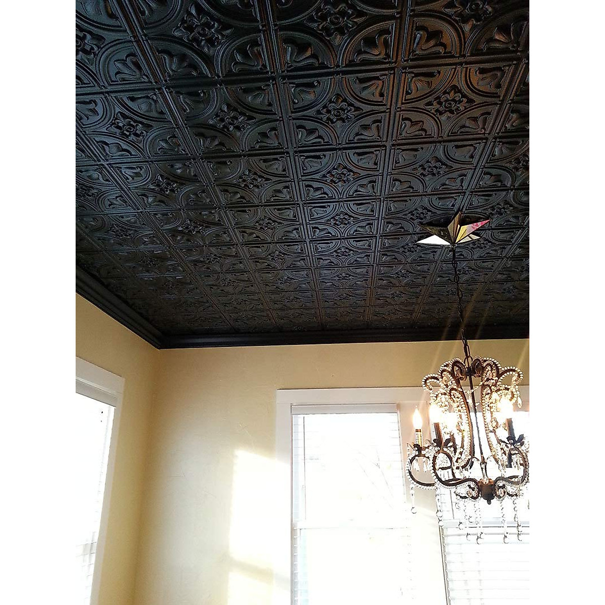 From Plain To Beautiful In Hours 148 Tiny Tulips PVC 2' x 2' Glue-up Ceiling Tile (Covers / 100 sq.ft), Black, 25 Piece