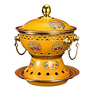 Chafing Dishes Single Person Small Hot Pot Cloisonne Copper Hot Pot, Commercial Household Cooking Pot, Anti Scalding Handle (Color : Yellow, Size : 20.5 * 25cm)