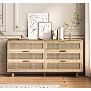 Fsbecl Large Rattan Dresser for Bedroom, Modern 6 Drawer Double Dresser with Gold Handles, Natural Rattan Bedroom Dresser for Closet, Wood Storage Chest of Drawers for Living Room, Hallway, Natural