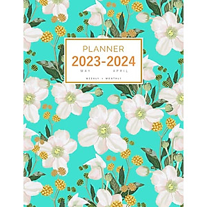 Planner 2023-2024: 8.5 x 11 Weekly and Monthly Organizer from May 2022 to April 2023 | Anemone Flower and Herb Design Turquoise