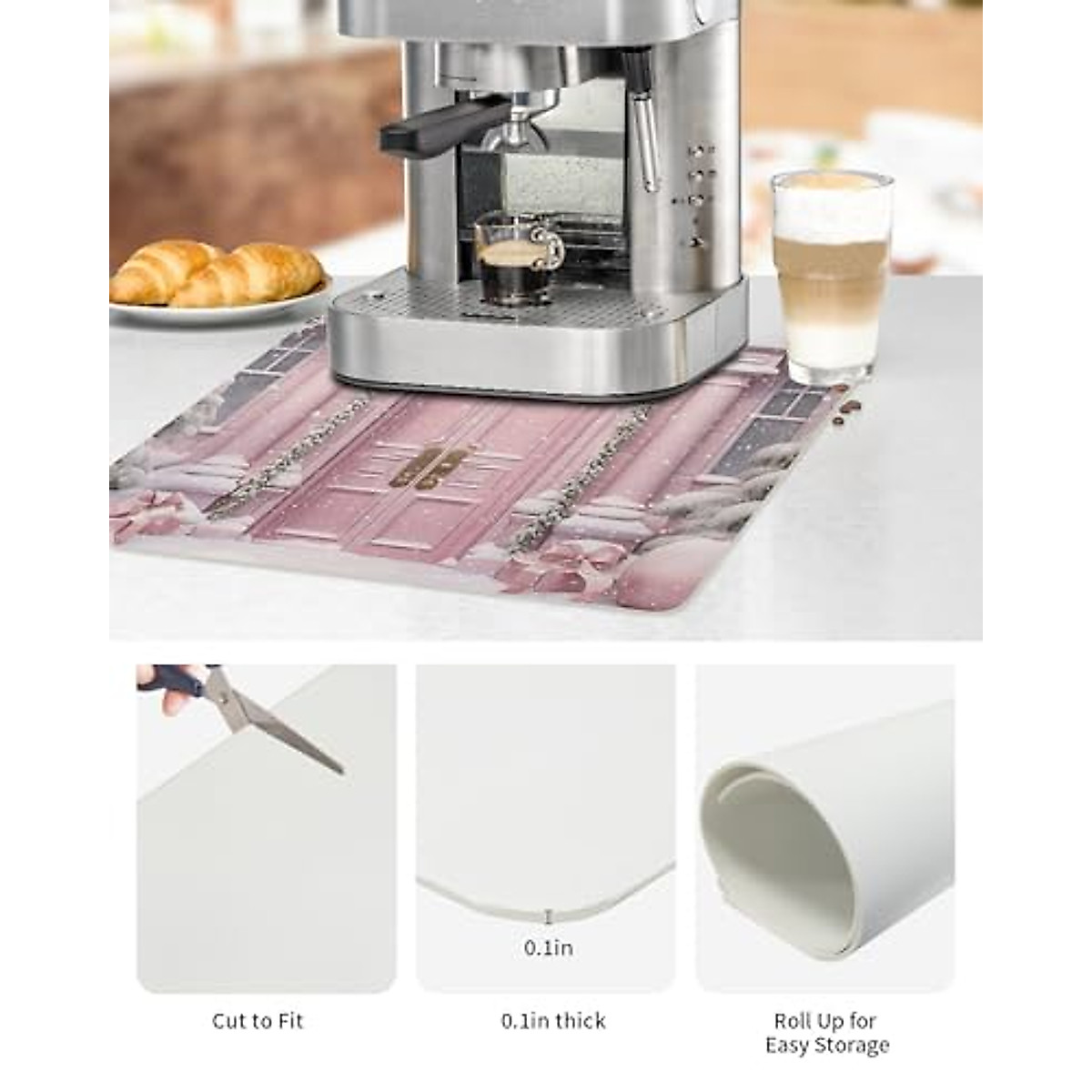 Coffee Mat for Counter, Christmas Pink Castle Gate Xmas Wreath Absorbent Hide Stain Coffee Bar Mat, Non-slip Coffee Bar Accessories Kitchen Drying Mat Fit Under Coffee Maker Espresso Machine