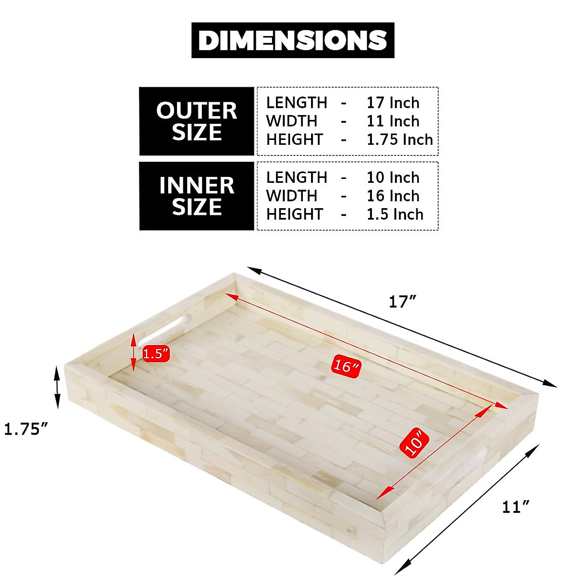 Handicrafts Home Classic Pattern Inspired Decorative Trays 11x17 - Chic White Centerpiece, Versatile Ottoman Tray for Modern Home Decor, Artistic Kitchen Serving Tray, Tray for Living Room