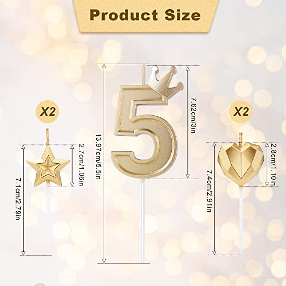 1 Set of 3inch Birthday Candles, Including 1 Crown Cake Main Numeral Candles, 2 Star Candles and 2 Heart Candles for Birthday Anniversary Parties (Gold, 5)