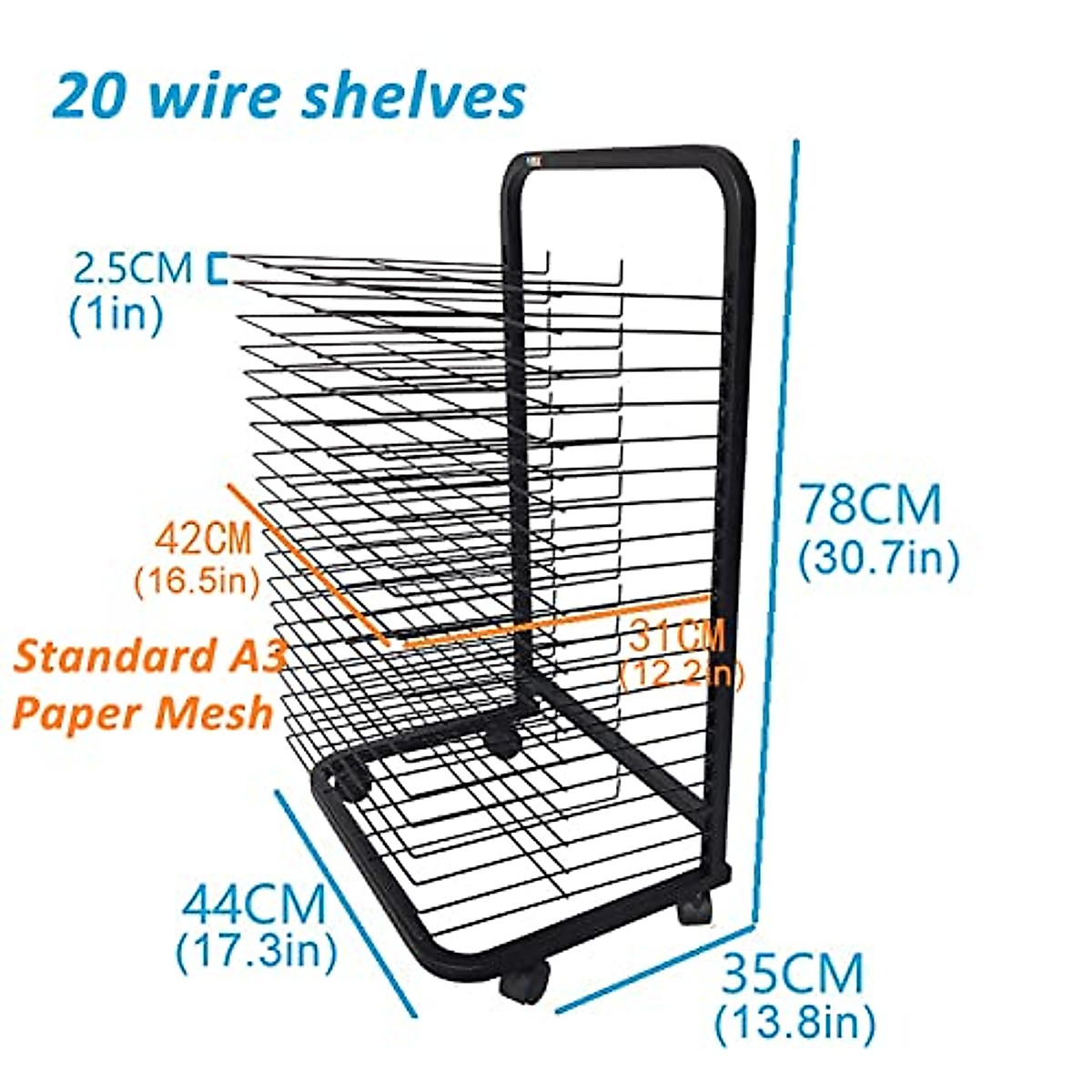 Mobile Art Drying Rack Standard A3 Paper Wire Shelves for Classroom Paint Crafts Drying Rack Metal Artwork Storage Display Rack with Wheels, Ideal for Schools and Art Clubs, Black (Size : 20-Layer)