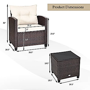 KOTEK 3 Piece Patio Furniture Set, Outdoor Conversation Set with Washable Cushions & Tempered Glass Tabletop, PE Rattan Wicker Bistro Set for Porch, Garden, Balcony (White)