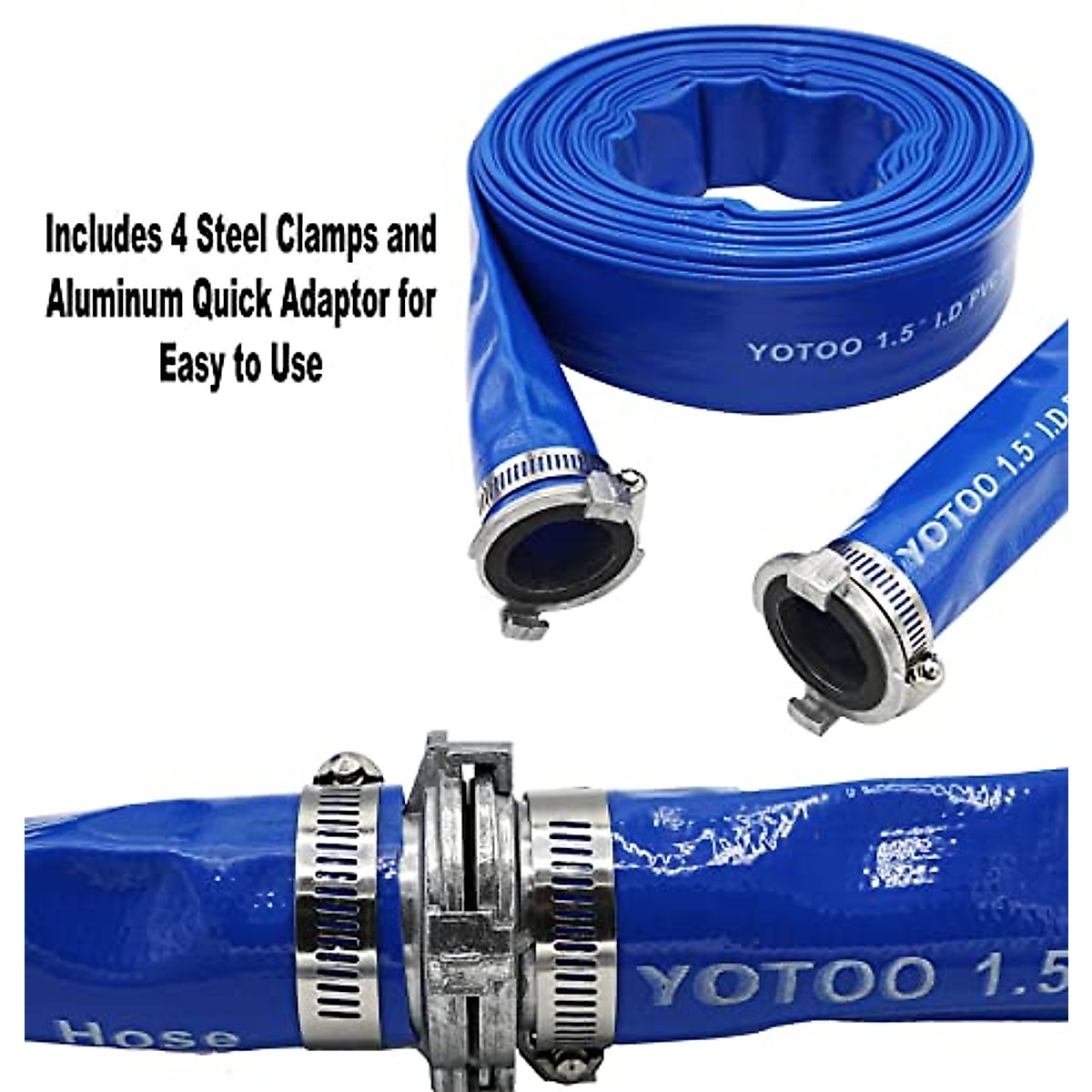 YOTOO Heavy Duty PVC Pool Backwash Hose 1-1/2 Inch by 100 Feet, Reinforced Discharge Hose with Connector and 4 Clamps for Swimming Pools, Pool Drain Hoses, Blue