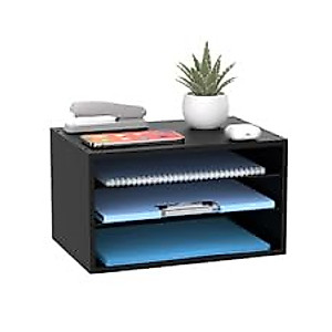SHARKWOODS 3-Tier Paper Organizer for Desk, Wood Desktop Organizer with Adjustable Letter Tray, Mail Sorter for Office School & Home, Black