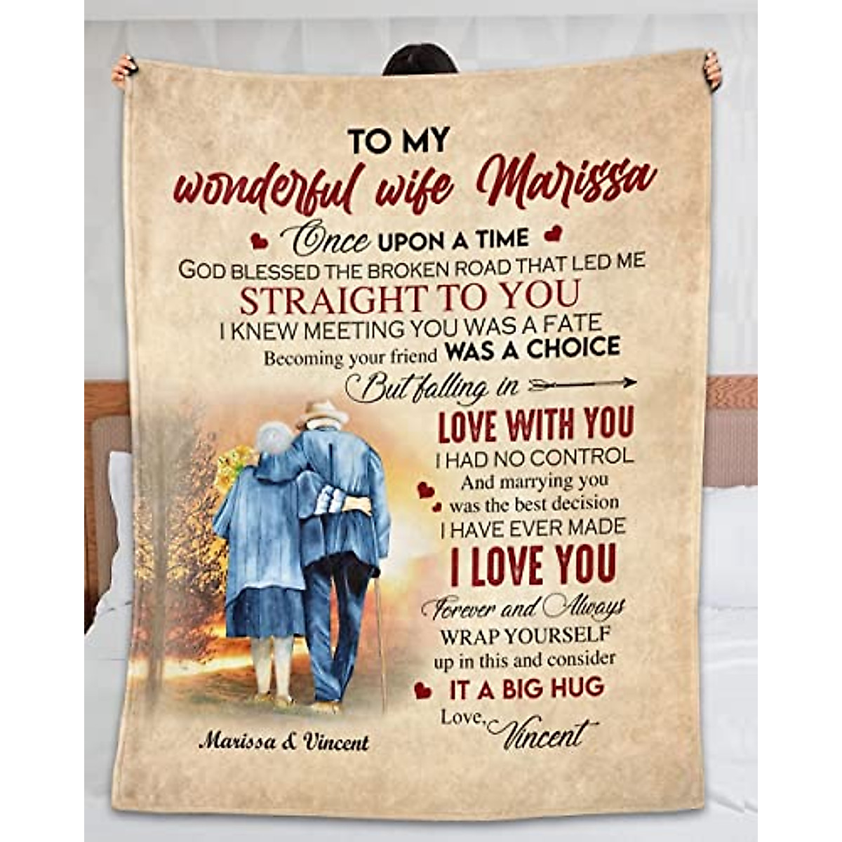 Personalized to My Wonderful Wife from Husband I Knew Meeting You was A Fate Fleece Sherpa Blanket Custom Name Old Couple in The Sunset Print Throw Blanket Custom Romantic Gifts for Christmas