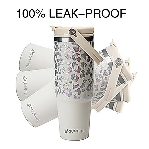 35oz Tumbler with Handle, Insulated Coffee Tumbler with Leak-proof 2-in-1 Lid and Straw, Double Wall Vacuum Insulated Coffee Mug, Stainless Steel Water Bottle for Hot&Cold Drinks(Ivory Leopard)