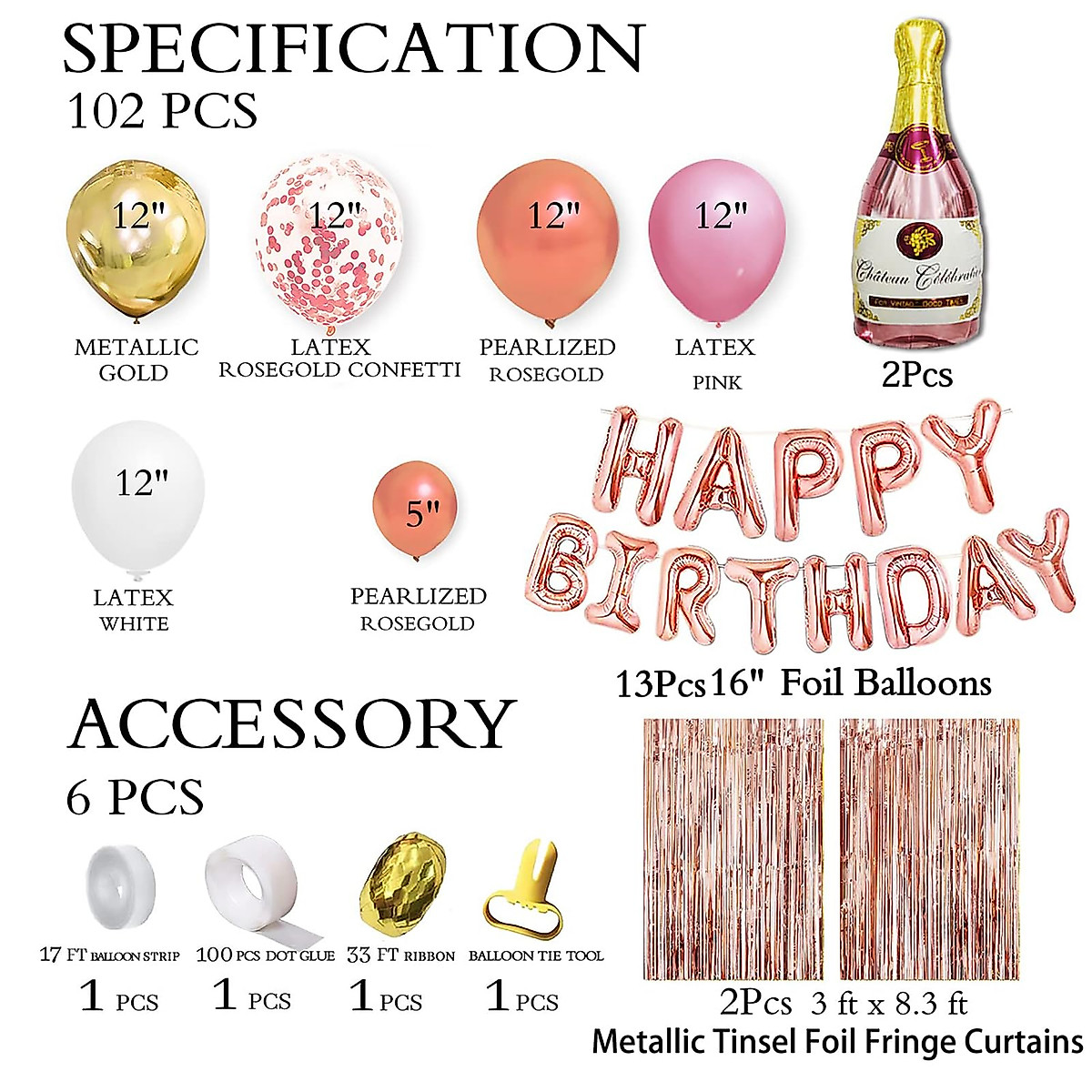 Rose Gold Birthday Decorations for Women, Include Happy Birthday Banner, Rose Gold Champagne Balloon Garland Arch Kit and 2Pcs Rose Gold Fringe Curtain